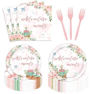 96 pcs adventure awaits baby shower tableware set world map flower travel and adventure begins dinnerware for girl women bridal shower party decorations plates napkins favors serves 24 guests