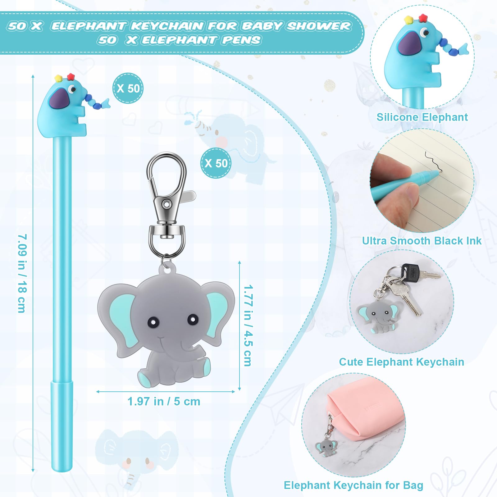 Engrowtic 50 Sets Baby Shower Favors for Boys 50 Elephant Keychain for Baby Shower 50 Baby Shower Thank You Cards 50 Elephant Pens and Organza Bags Baby Boy Thank You Gift for Guest Gender Reveal