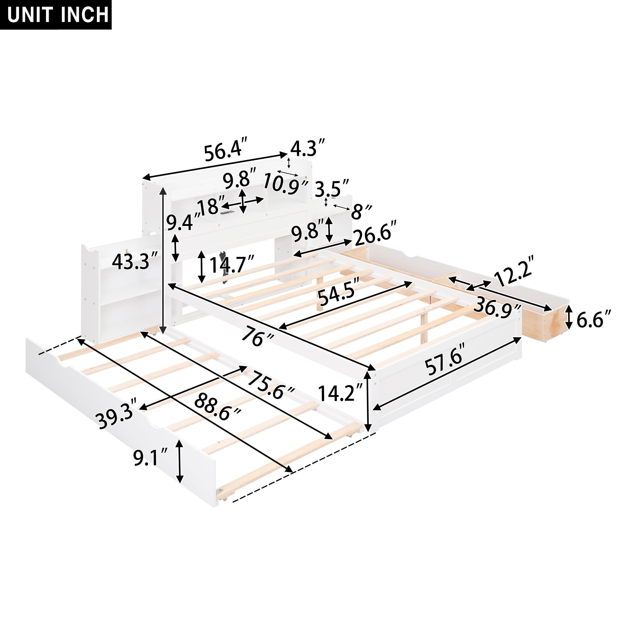 YOPTO Full Size Bed Frame with Storage Headboard with Charging Station,Wood Platform Bed with Twin Size Trundle,Pull Out Shelves and Drawers for Kids,Noise Free,No Box Spring Needed,White