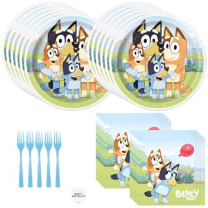 unique bluey birthday party supplies set for 16 guests - bluey plates and napkins, forks, sticker - bluey birthday decorations, bluey party decorations