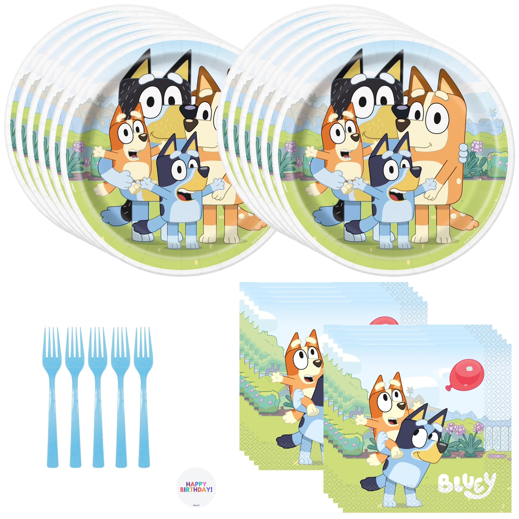 Unique Bluey Birthday Party Supplies Set for 16 Guests - Bluey Plates and Napkins, Forks, Sticker - Bluey Birthday Decorations, Bluey Party Decorations