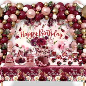 cocomigo 134pcs burgundy birthday decorations, women birthday decorations floral birthday balloons arch backdrop tablecloth honeycomb centerpiece cake topper burgundy flower birthday decoration