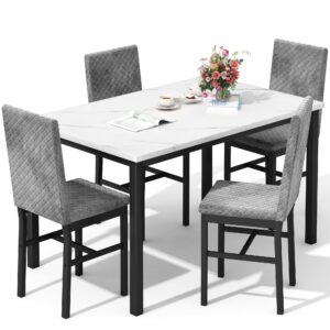 Recaceik Dining Table Set for 4, Kitchen Table and Chairs Set of 4, Faux Marble Dinner Table Set with 4 Upholstered Velvet Chairs, Dining Room Table Set for Kitchen Dining Room (White & Grey)