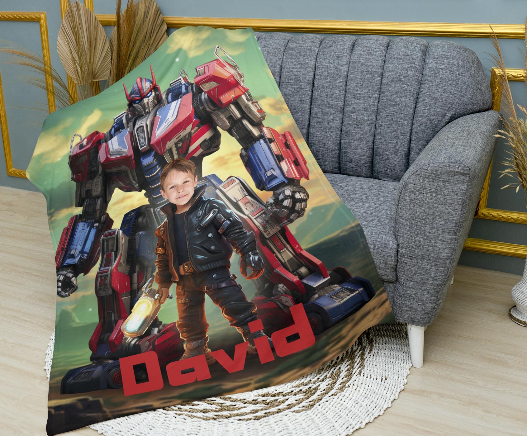 Customized Blanket with Pictures, Robot Themed Gifts for Boys Teen, Kids Custom Made Blankets 30 x 40, Guy Gift Ideas for Birthday Christmas Graduation, Gift for Son Nephew Grandkid Brother KC60