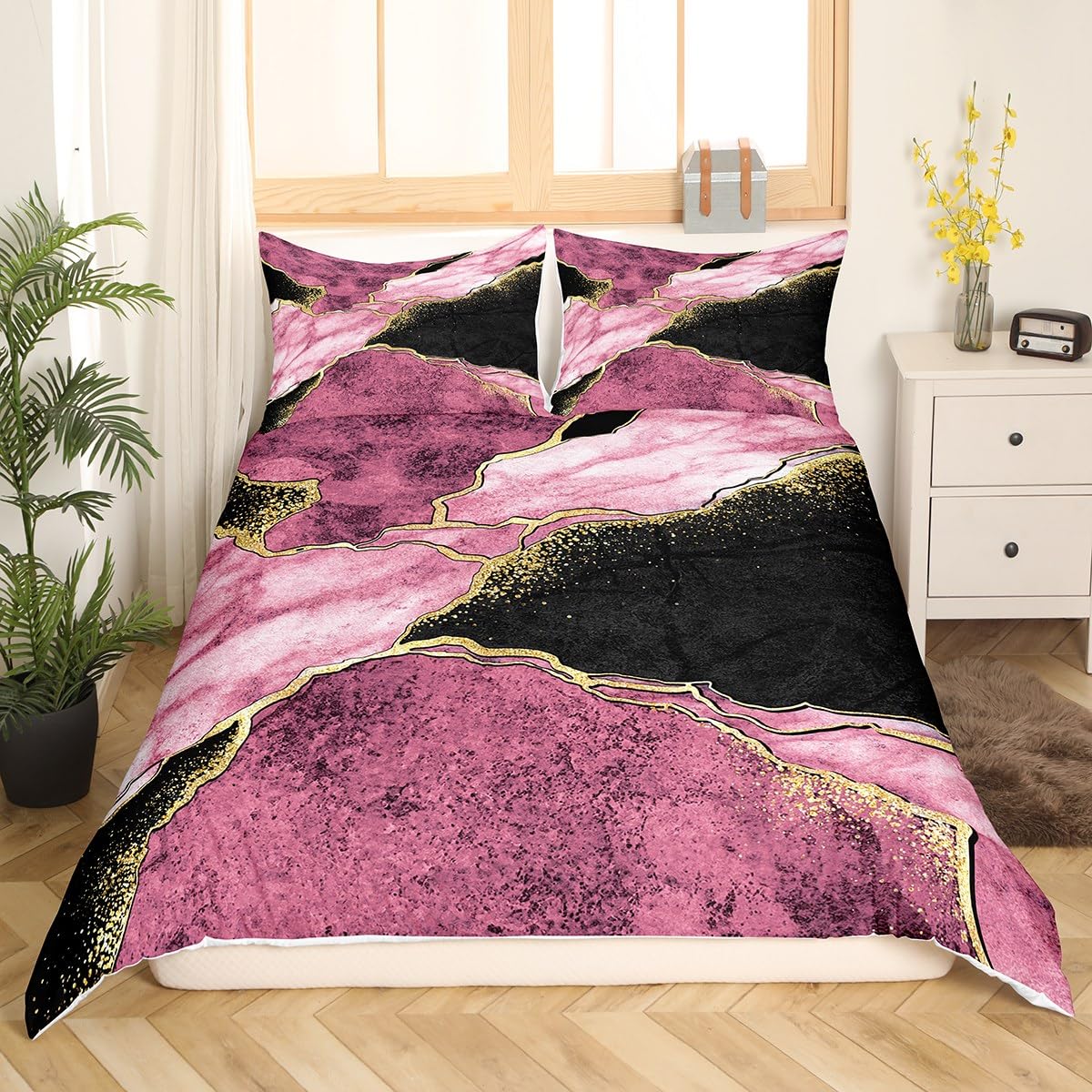 Erosebridal Pink Watercolor Bedding Set Queen for Girls Women Aesthetic Art Comforter Cover, Black Pink Marbling Bed Set Gold Metallic Duvet Cover, Rock Mountain Fluid Quilt Cover (Zipper Closure)