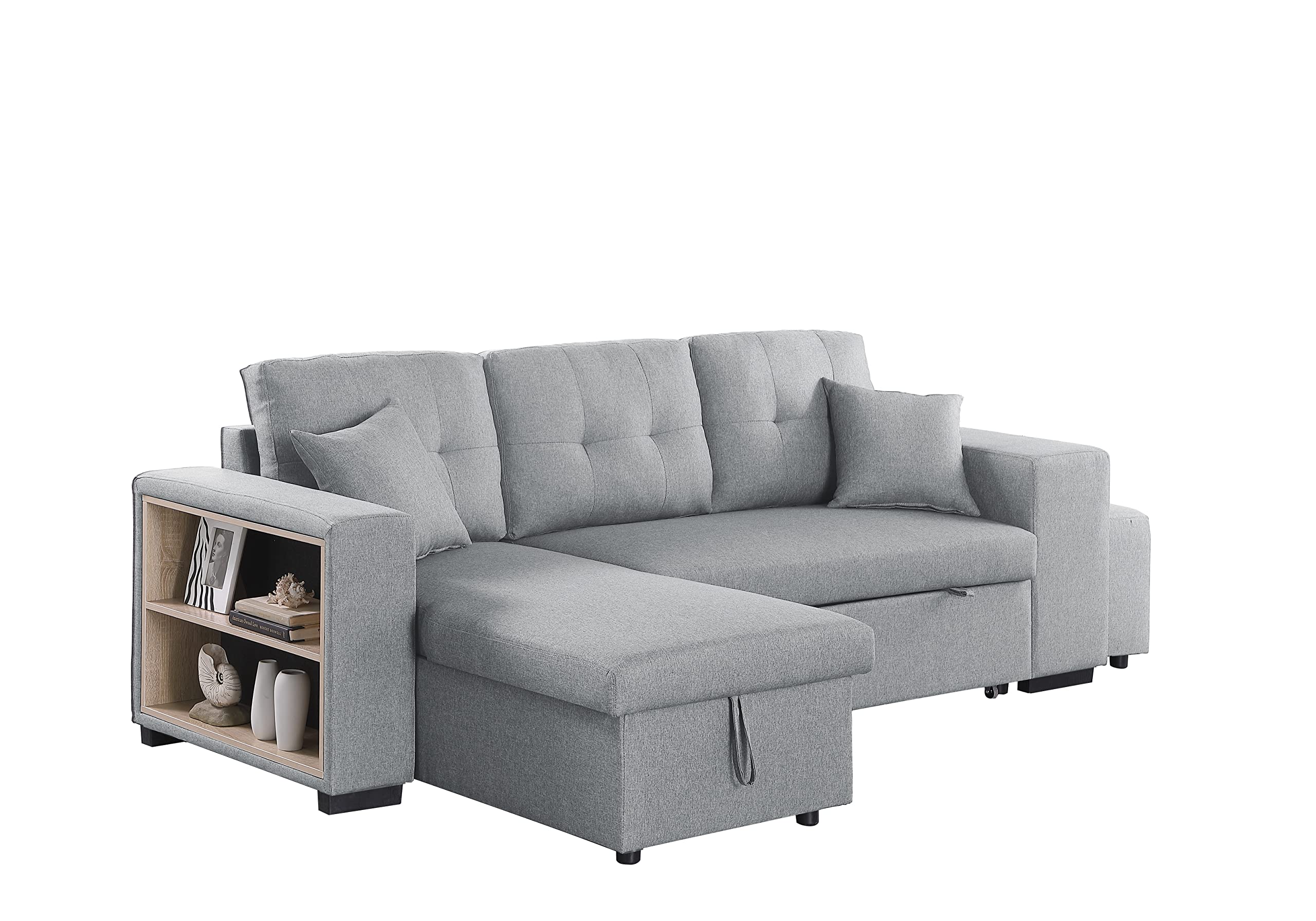 ERYE L-Shaped Reversible Sleeper Sectional Sofa W/Pull Out Couch Bed, Storage Chaise & Niche Shelves for Living Room, Modern Linen Upholstered Sofa&Couch Convertible Sleep Sofabed with 2 Stools