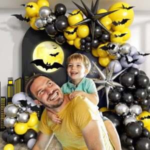 133PCS Black Yellow and Silver Balloons Arch Garland Kit, Bat Theme Balloon Arch for Man with Foil Balloons for Baby Shower Bat Theme Birthday Party Decorations