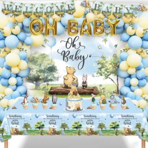 131 pcs classic winnie baby shower decorations oh baby balloons, vintage winnie balloon arch kit, classic the pooh backdrop cake topper, winnie baby tablecloth decorations for boy baby shower