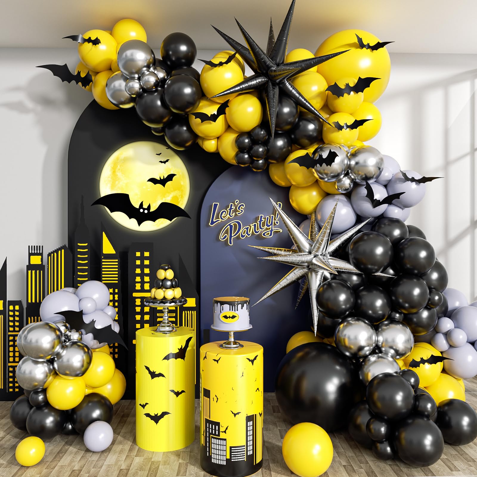 133PCS Black Yellow and Silver Balloons Arch Garland Kit, Bat Theme Balloon Arch for Man with Foil Balloons for Baby Shower Bat Theme Birthday Party Decorations