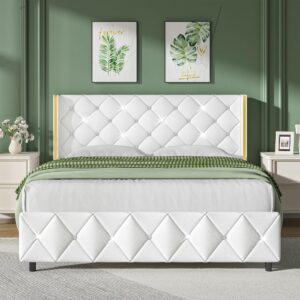 hombck queen size bed frame with diamond headboard, white upholstered platform queen bed frame faux leather with gold wingback, strong wood slat support, easy assembly, white