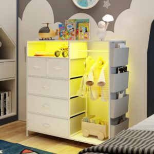 Espelism Dresser for Bedroom with Clothes Rack Side Pockets White 5 Drawers Dresser with Charging Station LED Lights Sturdy Steel Frame Wood Top Organizer Unit for Nursery Hallway Closet