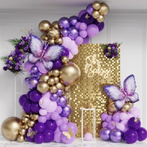 enanal purple butterfly balloon garland arch kit, 158pcs purple chrome gold balloons with butterfly foil balloons for girl birthday baby shower party supplies bridal shower wedding decoration (purple)