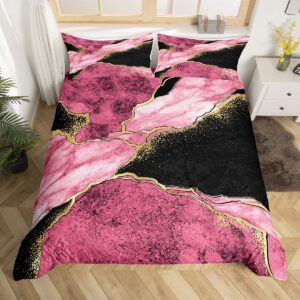 erosebridal pink watercolor bedding set queen for girls women aesthetic art comforter cover, black pink marbling bed set gold metallic duvet cover, rock mountain fluid quilt cover (zipper closure)