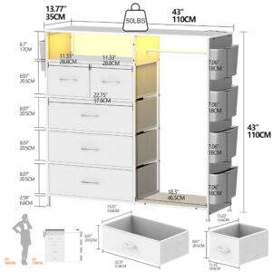 Espelism Dresser for Bedroom with Clothes Rack Side Pockets White 5 Drawers Dresser with Charging Station LED Lights Sturdy Steel Frame Wood Top Organizer Unit for Nursery Hallway Closet