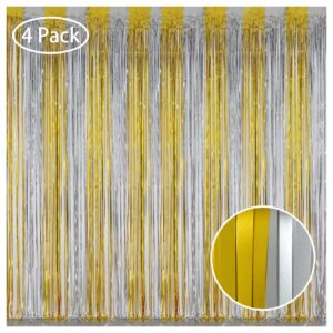 melsan gold and silver tinsel curtains - 3.2ft x 8ft foil fringe curtain photo backdrop for new year eve, anniversary, graduation, birthday party backdrop - 4 packs