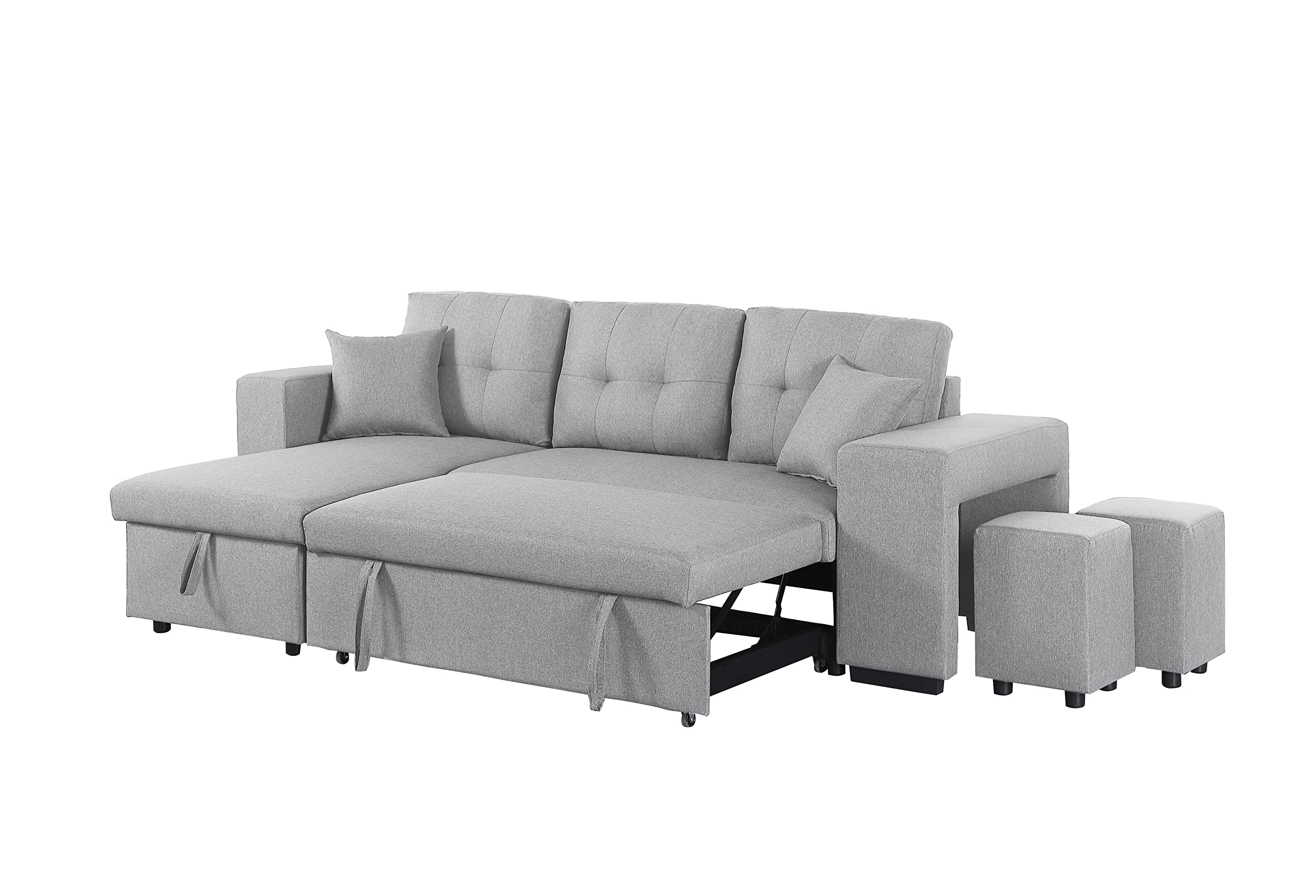 ERYE L-Shaped Reversible Sleeper Sectional Sofa W/Pull Out Couch Bed, Storage Chaise & Niche Shelves for Living Room, Modern Linen Upholstered Sofa&Couch Convertible Sleep Sofabed with 2 Stools