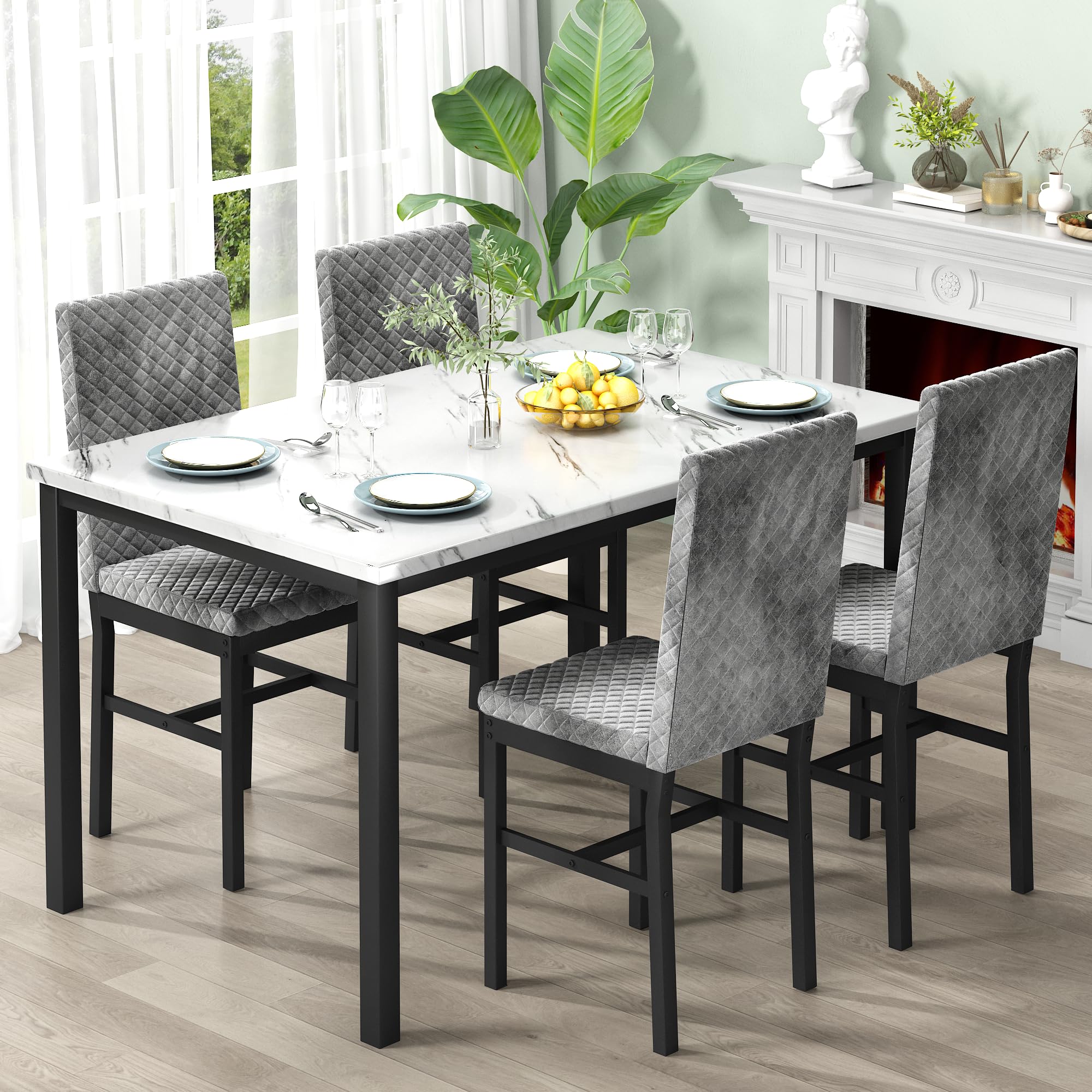 Recaceik Dining Table Set for 4, Kitchen Table and Chairs Set of 4, Faux Marble Dinner Table Set with 4 Upholstered Velvet Chairs, Dining Room Table Set for Kitchen Dining Room (White & Grey)