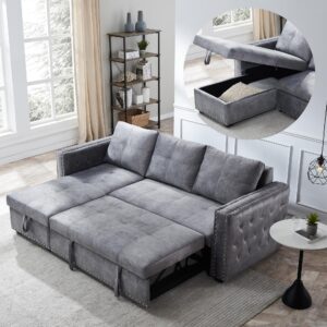 morden fort sectional sleeper sofa with pull out bed storage, queen size 91 inches sofa bed, l-shape sectional couch with comfy chaise seat sectional sleeper couch for living room, velvet grey