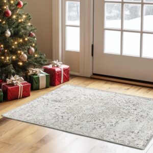 stangh washable entryway rug 2x3 non-slip area rug for kitchen bathroom, vintage distressed low-pile floor carpet for doorway bedroom office sunroom laundry dresser, grey