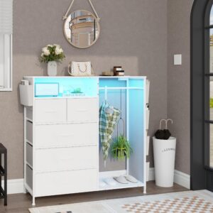 Espelism Dresser for Bedroom with Clothes Rack Side Pockets White 5 Drawers Dresser with Charging Station LED Lights Sturdy Steel Frame Wood Top Organizer Unit for Nursery Hallway Closet