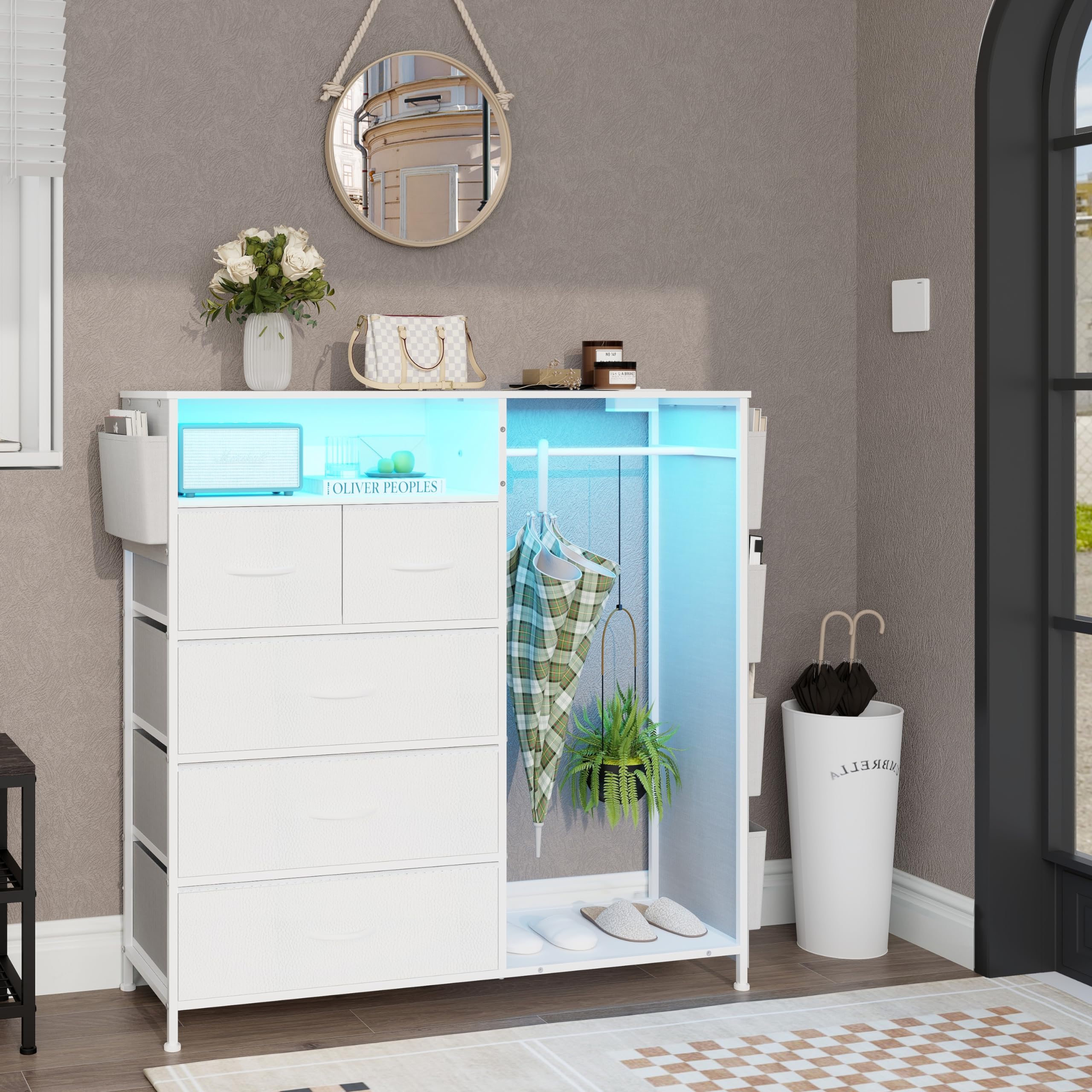 Espelism Dresser for Bedroom with Clothes Rack Side Pockets White 5 Drawers Dresser with Charging Station LED Lights Sturdy Steel Frame Wood Top Organizer Unit for Nursery Hallway Closet