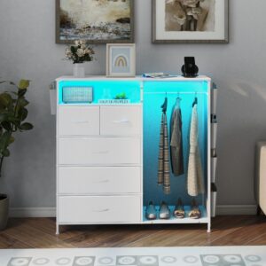 Espelism Dresser for Bedroom with Clothes Rack Side Pockets White 5 Drawers Dresser with Charging Station LED Lights Sturdy Steel Frame Wood Top Organizer Unit for Nursery Hallway Closet