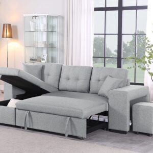 ERYE L-Shaped Reversible Sleeper Sectional Sofa W/Pull Out Couch Bed, Storage Chaise & Niche Shelves for Living Room, Modern Linen Upholstered Sofa&Couch Convertible Sleep Sofabed with 2 Stools