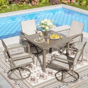 natural expressions patio swivel dining set of 5, 4-piece mesh sling high back chairs, 1-piece 38" square woodgrain steel dining table with 1.65'' umbrella hole for outdoor garden yard