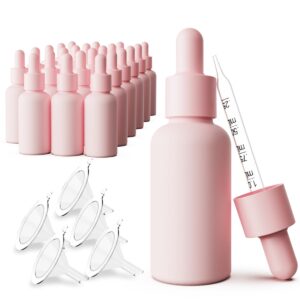 jagolain 1oz 24pack pink glass dropper bottle glass bottles empty with funnels, 30ml eye dropper bottles for essential oils, cuticle oils, body oils, tincture bottles (24pack pink)