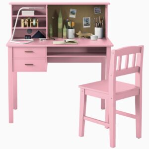 BALUS Kids Desk & Chair Set, Children’s Desk for Bedroom with Drawer for Storage, Kids Craft Table, Study Table for Writing Reading Painting for Boys Girls 7-14 Year Old - Pink