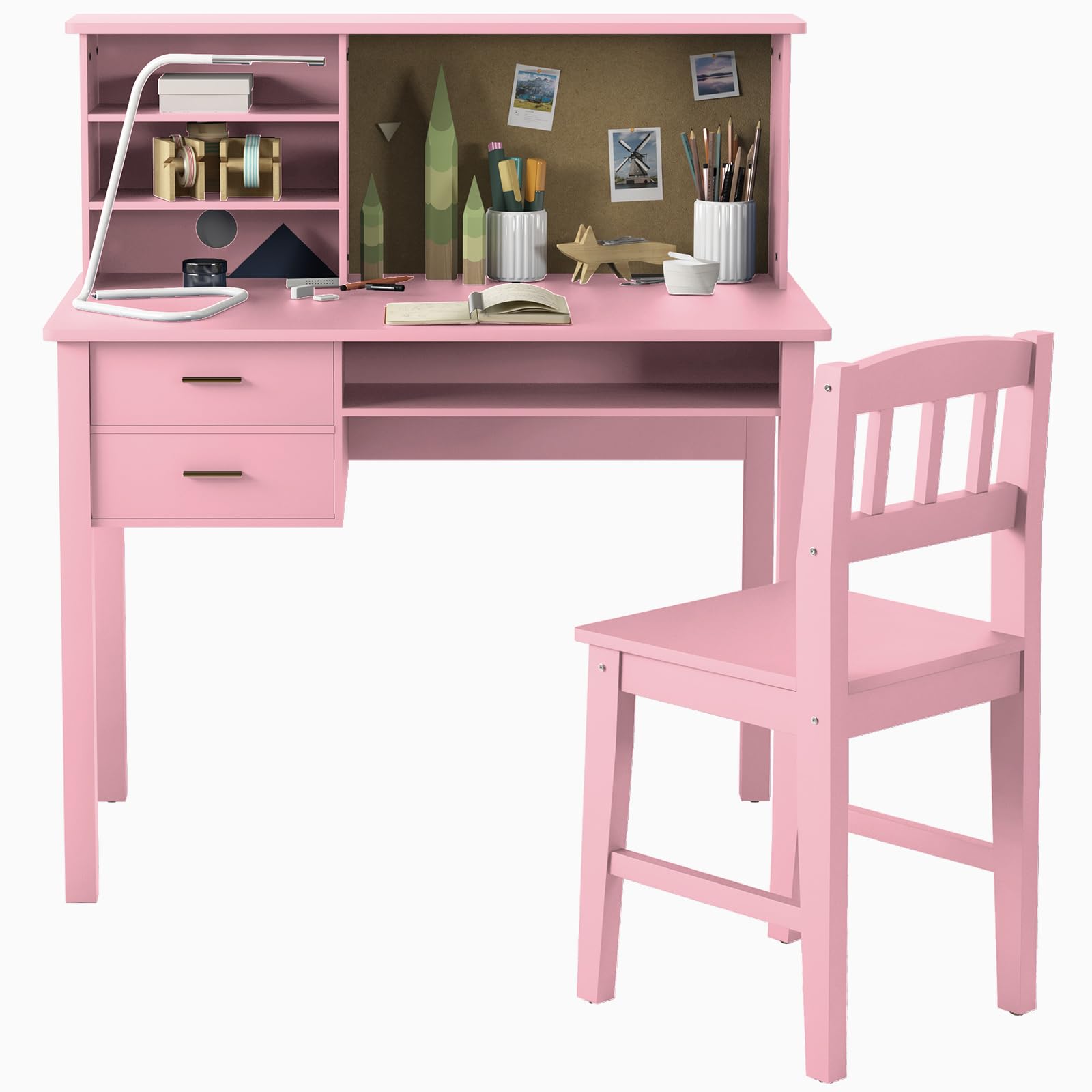 BALUS Kids Desk & Chair Set, Children’s Desk for Bedroom with Drawer for Storage, Kids Craft Table, Study Table for Writing Reading Painting for Boys Girls 7-14 Year Old - Pink