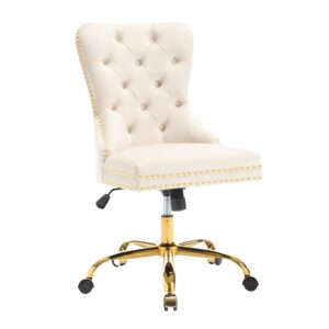 kcc velvet home office chair with gold metal base & nailhead trim, modern swivel upholstered tufted task chair, adjustable wingback armless desk chair for living room/bedroom(beige)