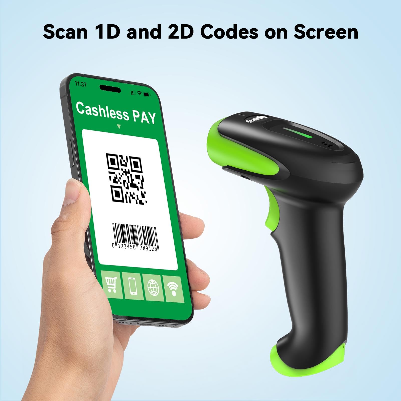 Alacrity 2D 1D Wireless Barcode Scanner with Stand, 3-in-1 Connectivity Bluetooth 2.4G Wireless USB Wired, Barcode Reader with Hands-Free Mode and Vibration Alert, Green