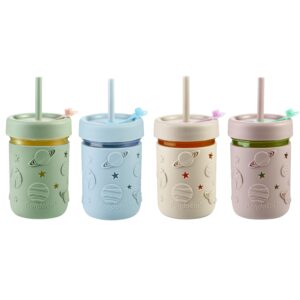 pandaear 4 pack kids & toddler glass cups, glass mason jar cups 8.45 oz with silicone sleeves & straws, toddler spill-proof smoothie cups