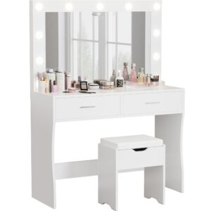 furmax vanity desk set with large lighted mirror, 35.4 inch makeup vanity table with 2 drawers, cushioned storage stool, 3 lighting modes brightness adjustable, dressing table for bedroom (white)