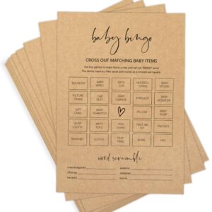 Baby Shower Bingo Game (50 Unique Cards), Pre-filled, Added Word Scramble, Fun Baby Shower Games for Boy or Girl (Kraft)