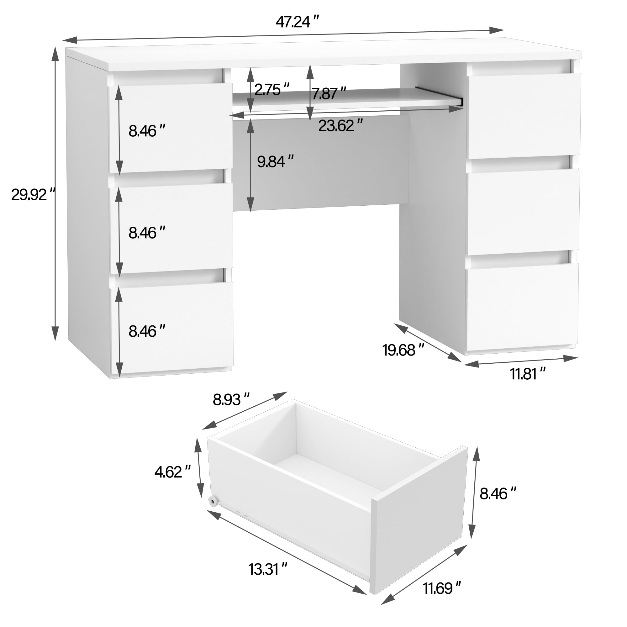 Furnicare Computer Desk with Storage Shelf and 6 Drawers, 47 inch Writing Home Office Workstation, Modern Work Study Writing Table Desk, Wood PC Laptop Desk, Desk for Bedroom, White