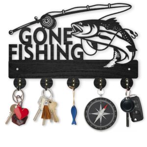 mayjoydiy wood gone fishing coat rack wall mount fishing rod key holder for wall 11.8×7.9inch black lake fish key rack hangers 5 alloy hooks wall art decor for entryway front door fishing lover gift