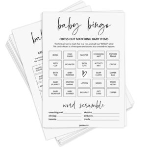 Baby Shower Bingo Game (50 Unique Cards), Pre-Filled, Baby Shower Games, Added Word Scramble (Minimalist)