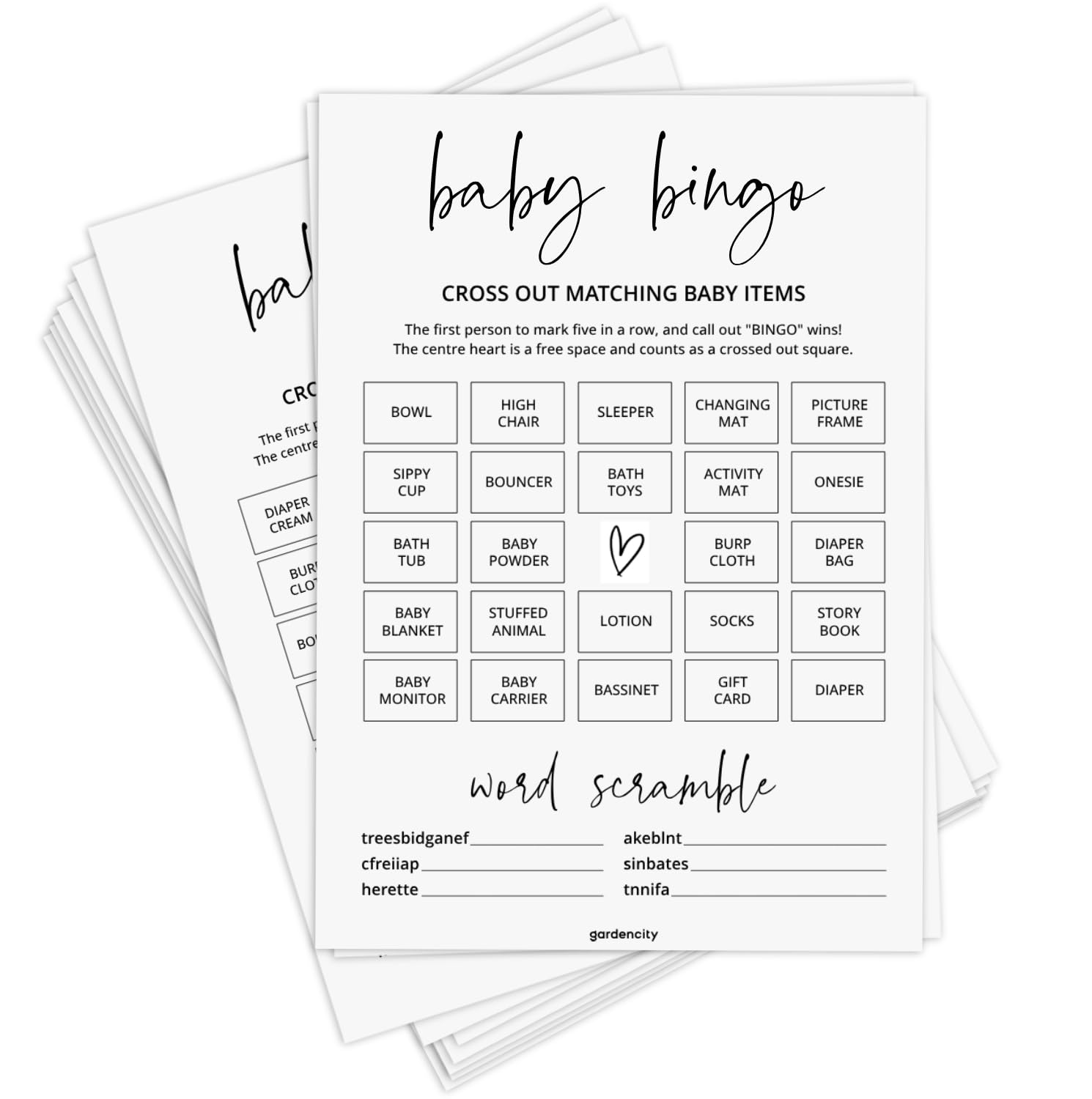 Baby Shower Bingo Game (50 Unique Cards), Pre-Filled, Baby Shower Games, Added Word Scramble (Minimalist)