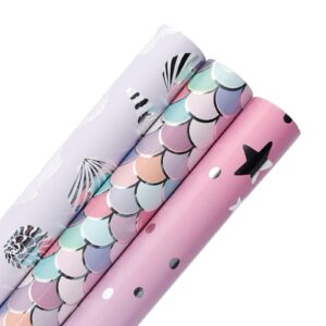 capesaro mermaid wrapping paper roll - 17 inch x 120 inch per roll - 3 different design gift wrap paper for girls,kids,birthday, baby shower