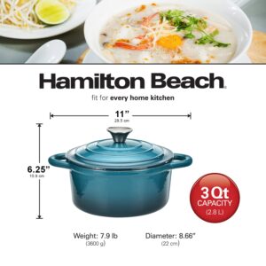 Hamilton Beach Enameled Cast Iron Dutch Oven Navy (3-Quart) | Cream Enamel Coating Dutch Oven Pot with Lid | Cast Iron Dutch Oven with Even Heat Distribution | Easy Grip to Handles & Multipurpose