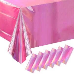 whaline 6pcs 108 x 54 inch iridescent pink plastic tablecloths shiny rainbow rectangle disposable table covers holographic foil table cloth for birthday wedding bridal shower