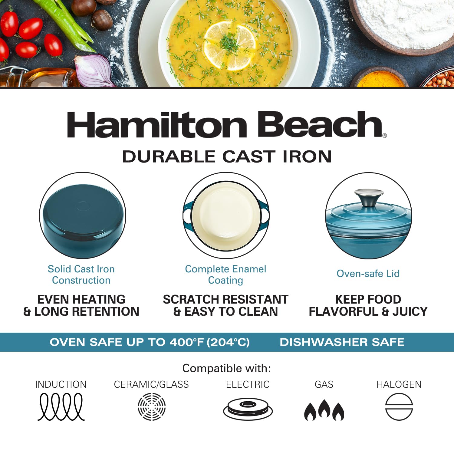 Hamilton Beach Enameled Cast Iron Dutch Oven Navy (3-Quart) | Cream Enamel Coating Dutch Oven Pot with Lid | Cast Iron Dutch Oven with Even Heat Distribution | Easy Grip to Handles & Multipurpose