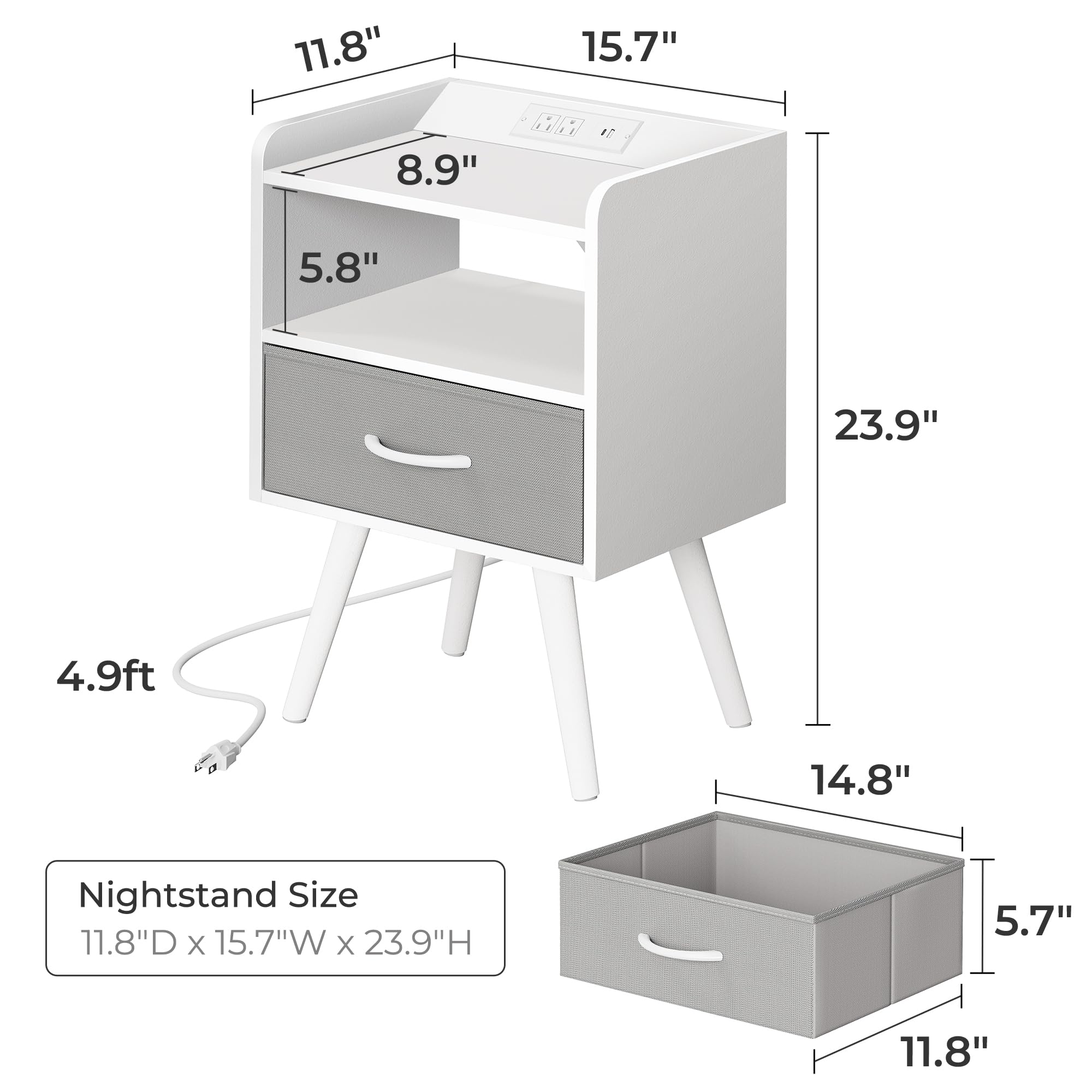 Huuger Night Stand with Charger Station, White Nightstand with Drawer and Open Shelf, Bedside Table, End Table with Solid Wood Feet, Side Table for Bedroom