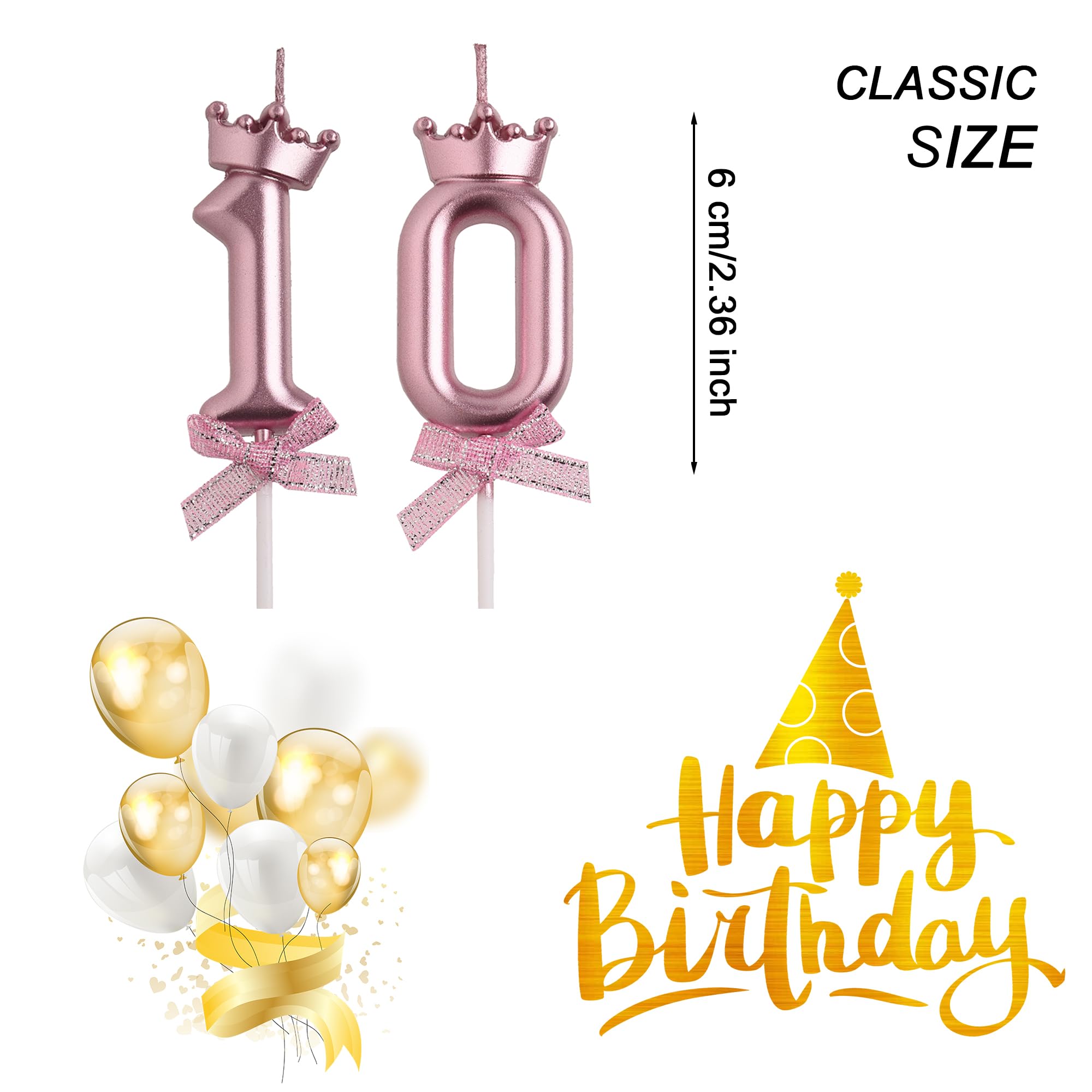 AOOLADA 10th Birthday Candles, Rose Gold 10 Year Old Number Birthday Candles for Boys Girls, Happy Birthday Party Decorations Cake Topper Gifts for 10th Wedding Anniversary Celebration