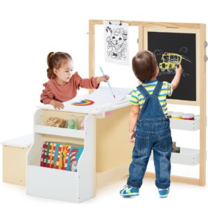 infans 3 in 1 kids art table and chair set, toddler craft and play wood activity desk with double-sided easel blackboard whiteboard, paper roll for writing, children furniture for daycare nursery