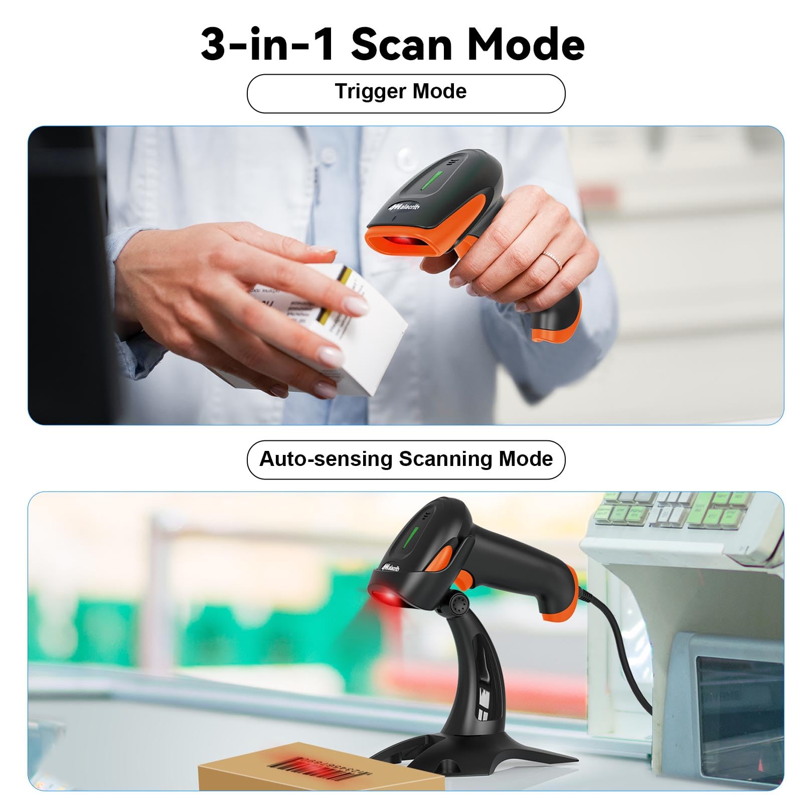 Alacrity 2D 1D Wireless Barcode Scanner with Stand, 3-in-1 Connectivity Bluetooth 2.4G Wireless USB Wired, Barcode Reader with Hands-Free Mode and Vibration Alert, Green