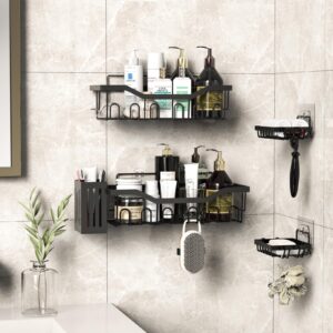 LEPHYON Shower Caddy 5 Pack | No Drilling Shower Organizer for Bathroom with Black Basket | Rustproof Shower Shelf | Large Capacity Shower Rack | Stronger Adhensive Shower Shelves for Tile Wall