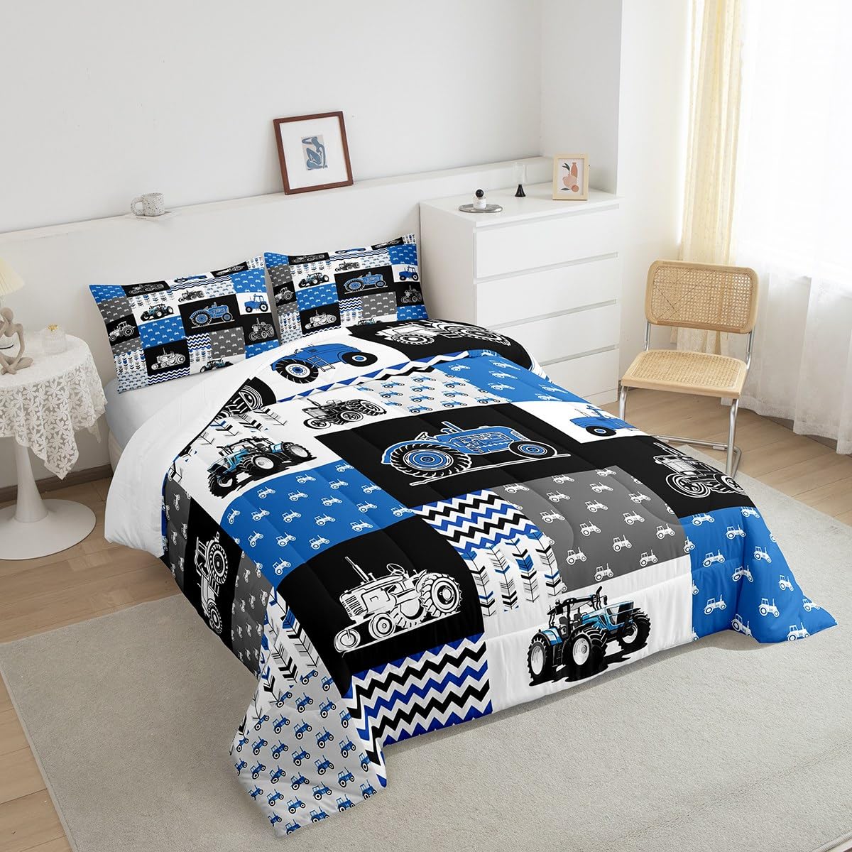 Farm Truck Full Size Comforter Set,Cartoon Car Bedding Set for Adults Teens,Children Blue Gray White Comforter Luxury Geometric Grid Quilt Set Room Decor 3Pcs